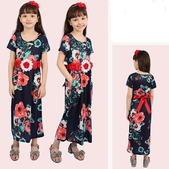 Dresses | Guc Navy Blue Floral Maxi Dress For Girls Size Xl 78 Years ...